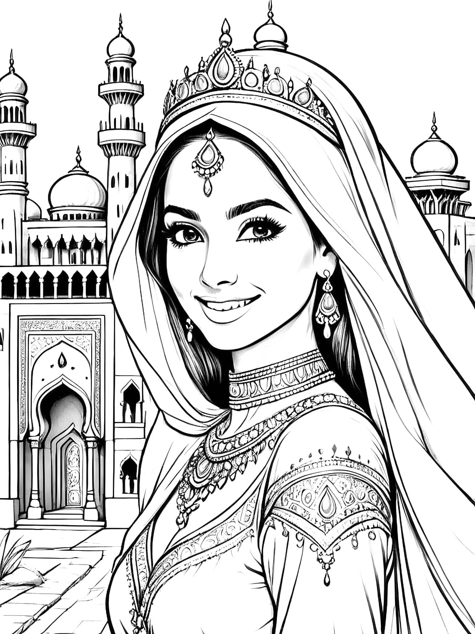 Beautiful Arabian Princess with Palace Free PDF Coloring Page