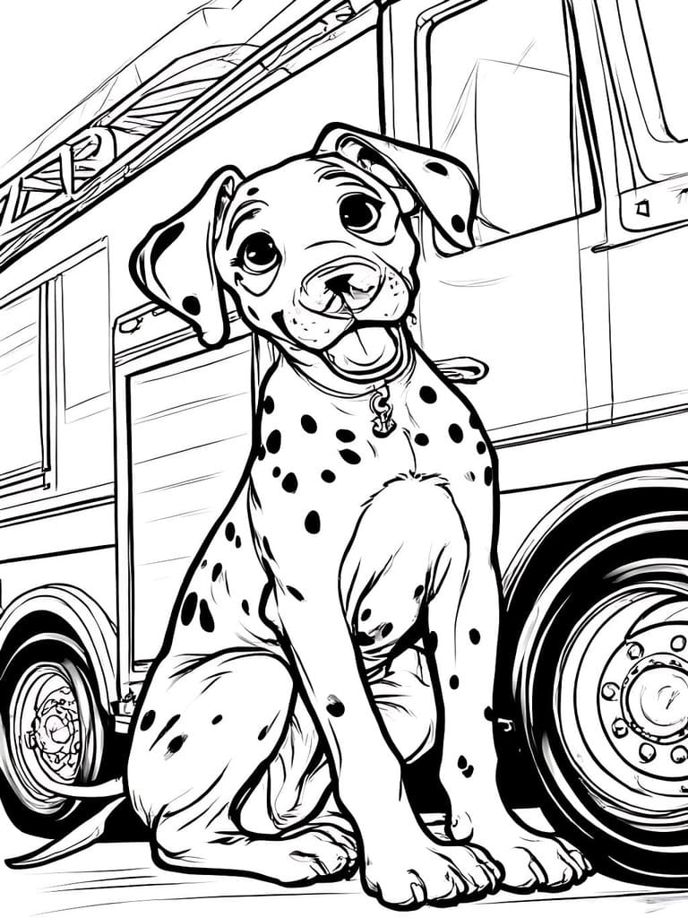 Free Dalmatian Next to Fire Truck Coloring Page PDF