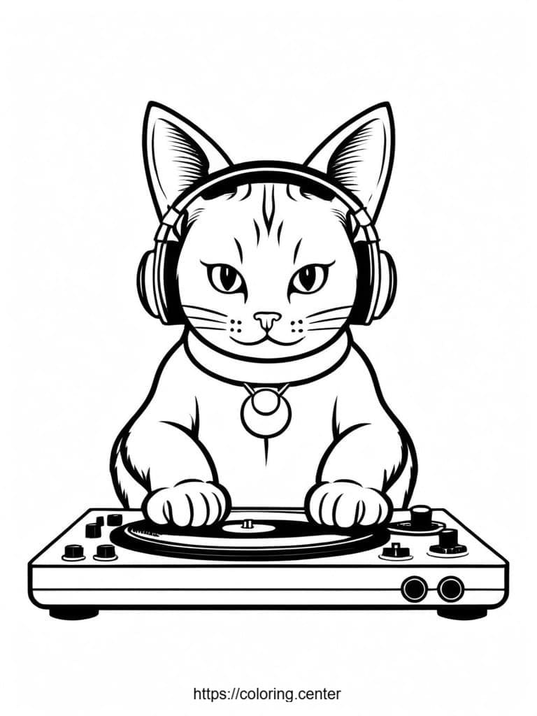 Free DJ Cat Spinning Records Coloring Page PDF