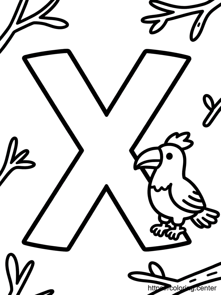 Free Xenops Parrot Clinging to Letter X Coloring Page PDF