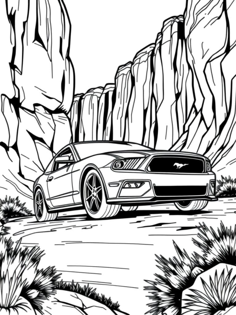 Muscle Mustang Speeding Through Cliffs - Free Printable Coloring Page