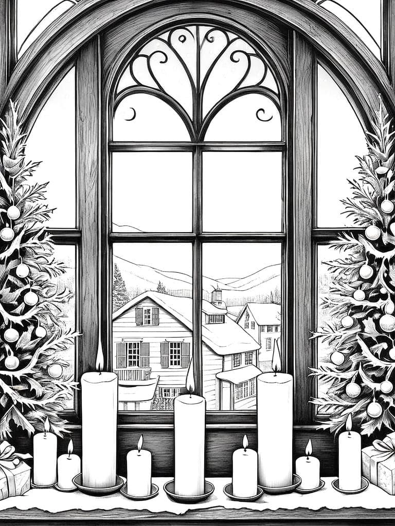 Free Window Overlooking Snowy Hamlet Coloring Page PDF