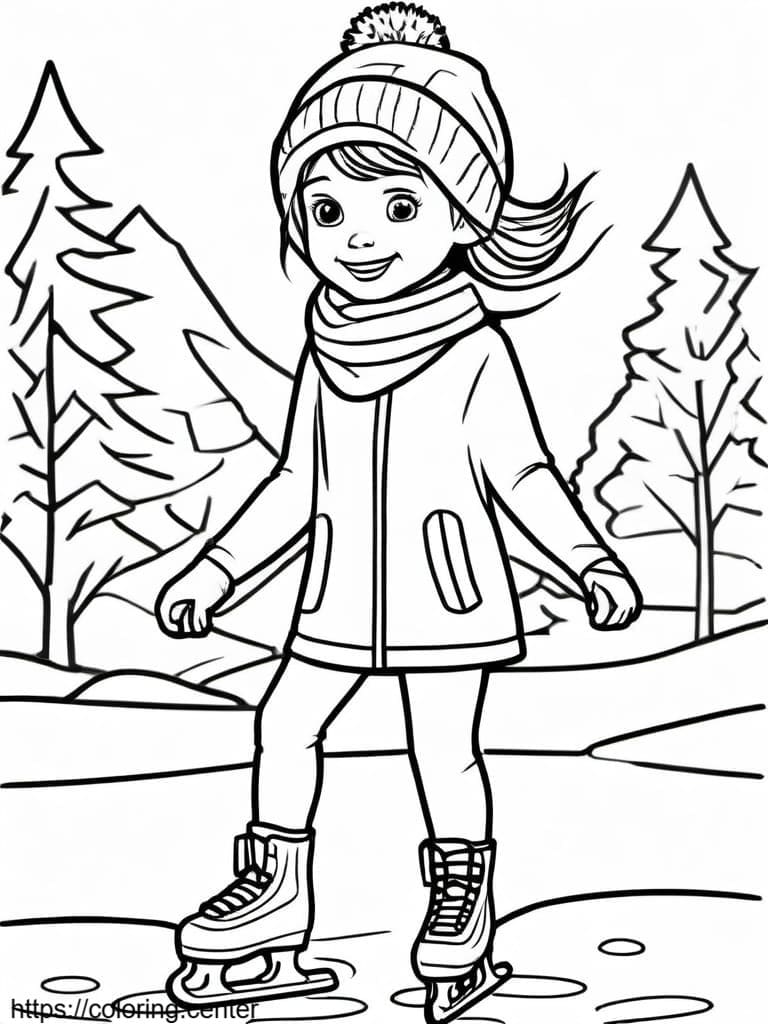 Free Girl Gliding on Frozen Pond Coloring Page PDF