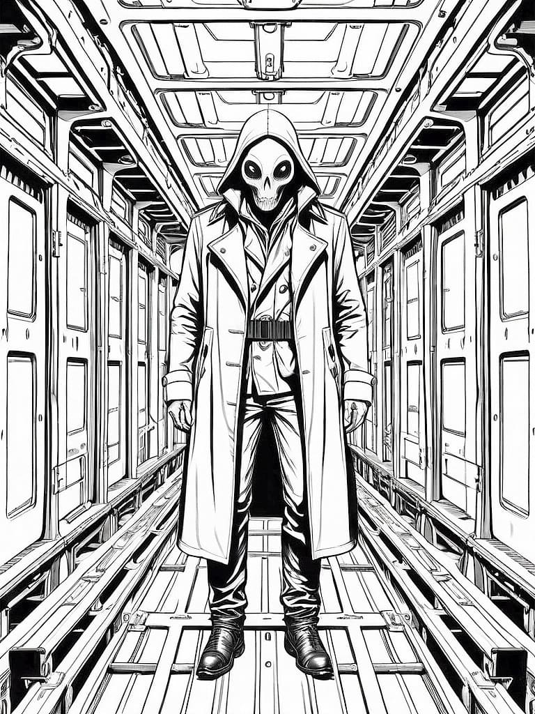 Hooded Alien Entity in Space Station Corridor Free PDF Coloring Page
