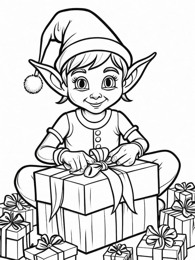 Free Elf Wrapping Holiday Presents Coloring Page PDF