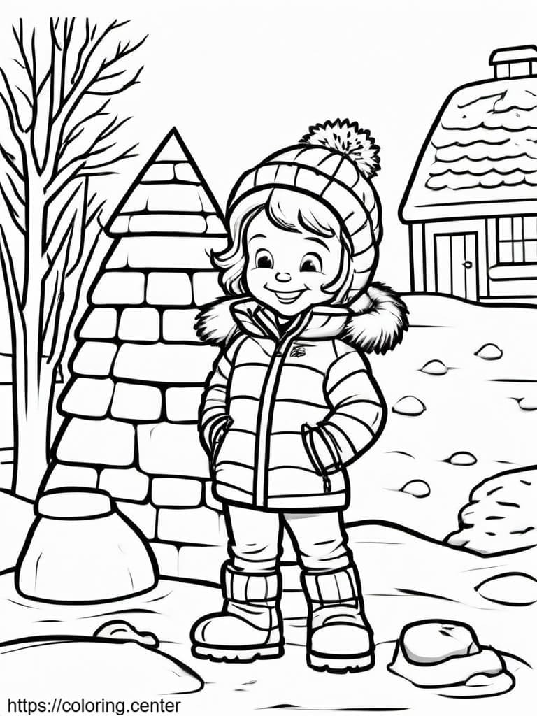 Girl Constructing Snow Igloo Free Coloring Page