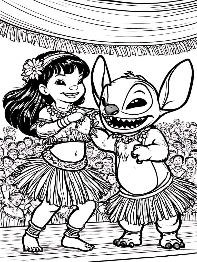 Lilo and Stitch Performing Hula Dance Coloring Page - Free Printable