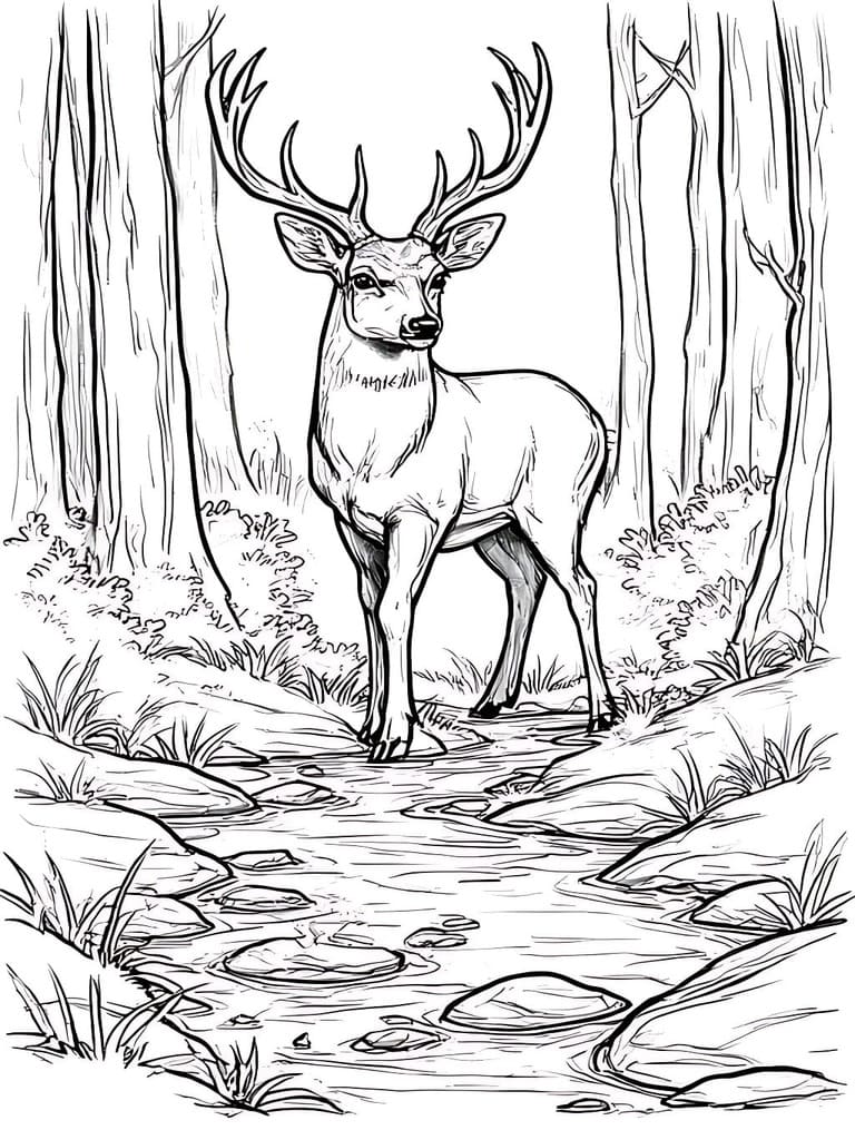 Free Stag Standing by Babbling Stream Coloring Page PDF