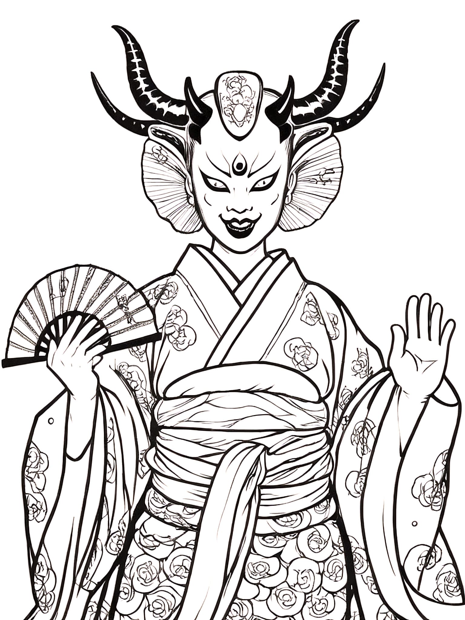 Oni Geisha with Horns and Fan Free PDF Coloring Page
