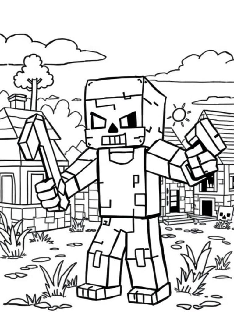 Free Rampaging Zombie Villager with Axe Coloring Page PDF