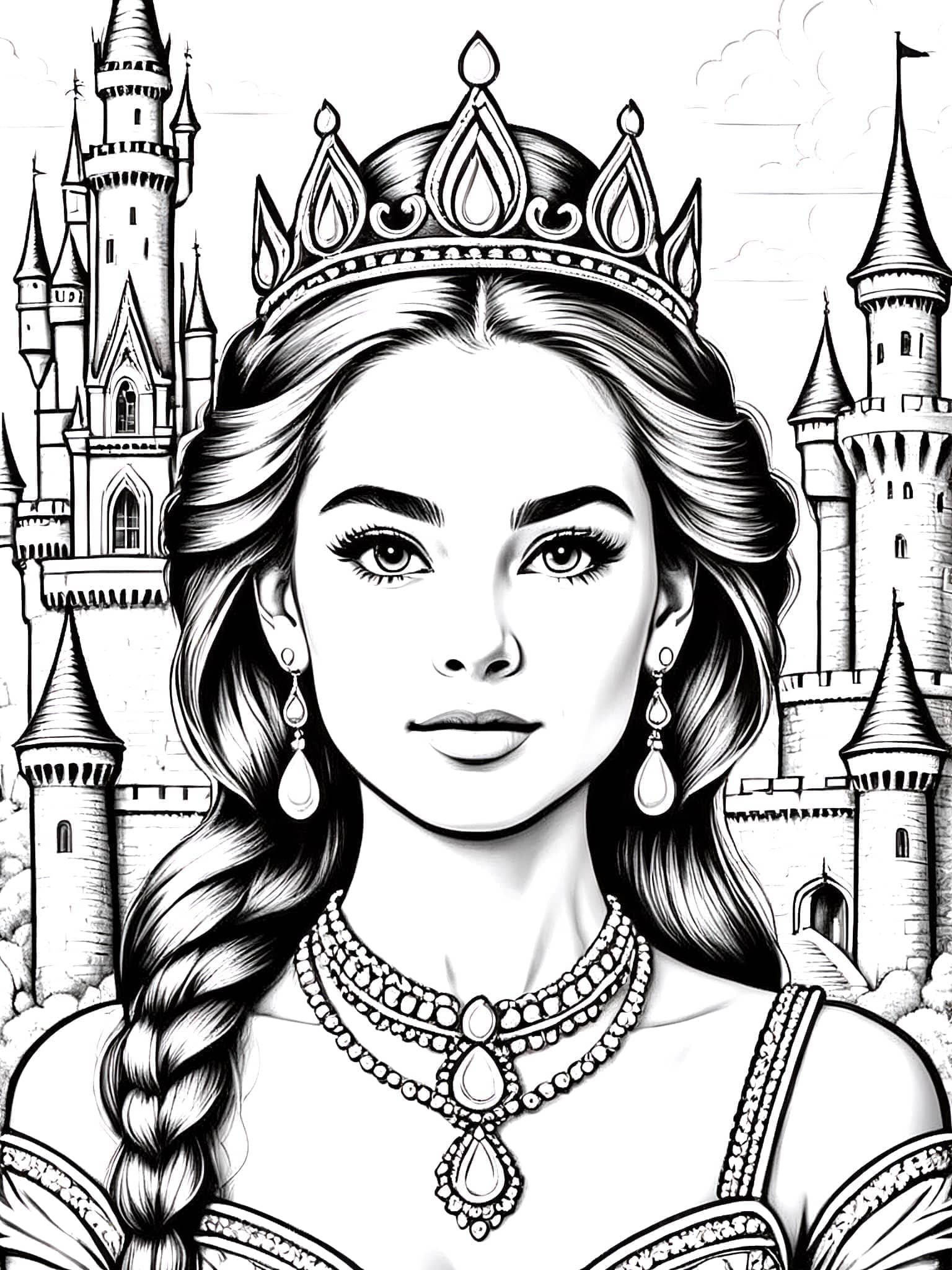 Royal Princess Portrait with Castle Free PDF Coloring Page