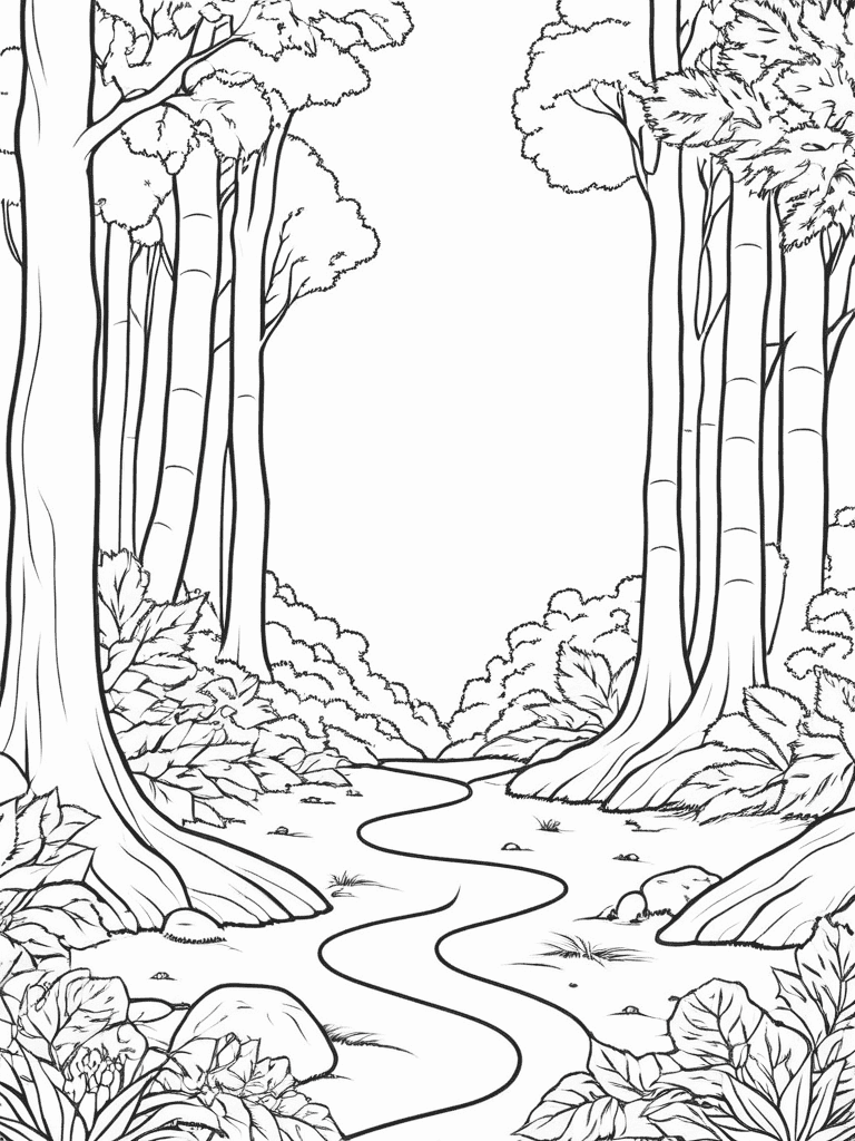Forest Path with Winding Stream Free PDF Coloring Page