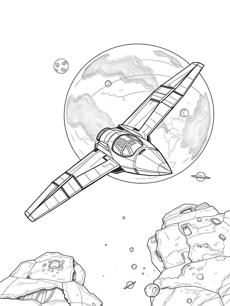 Detailed Spacecraft Near Giant World with Asteroids Printable Coloring Page
