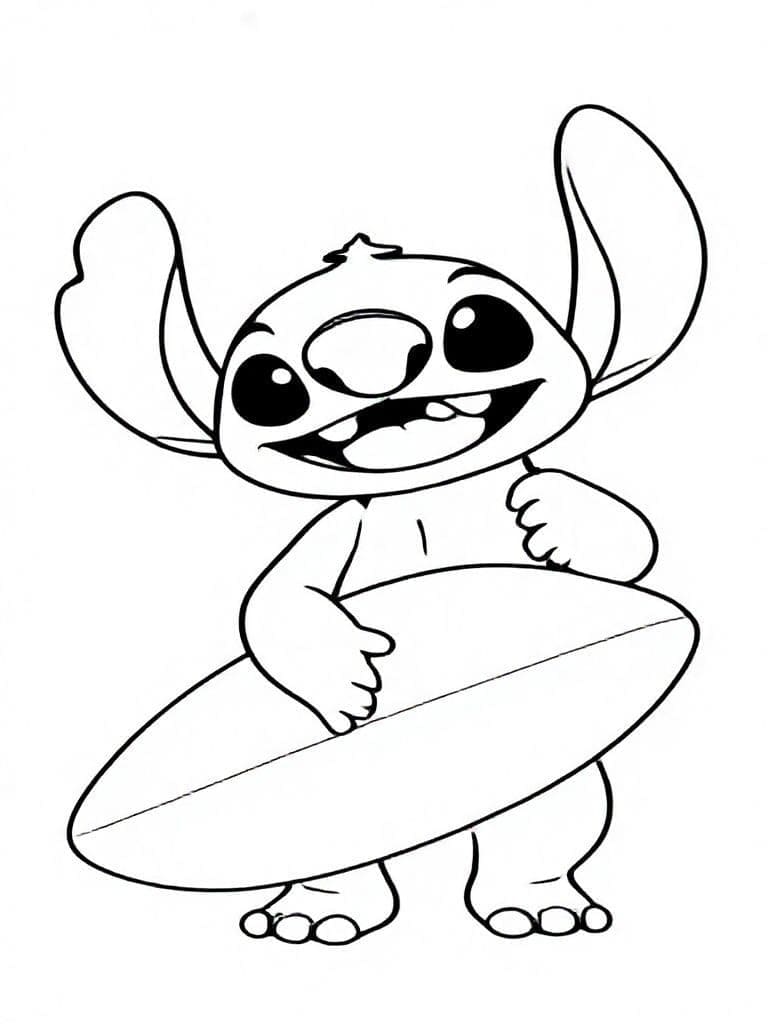 Free Stitch Holding Surfboard Coloring Page PDF