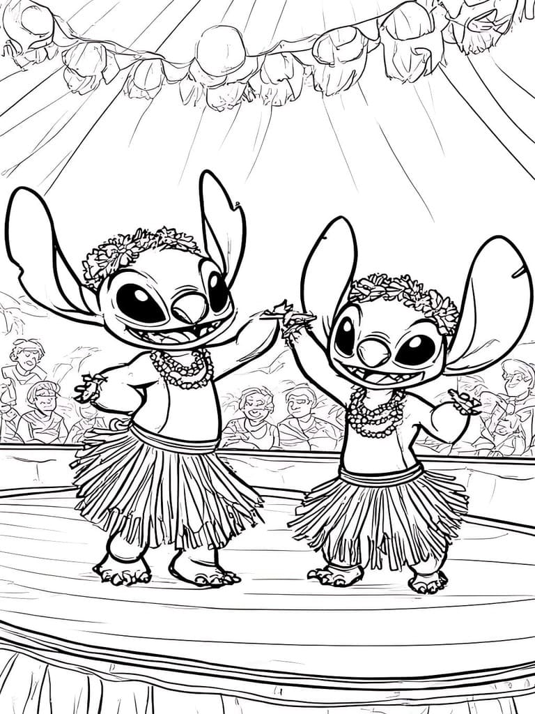 Two Stitches Hula Dancing on Stage Coloring Page - Free Printable for Kids