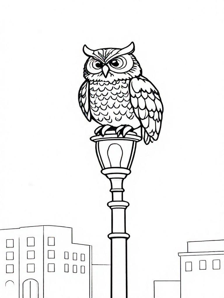 Free Owl on City Lamp Coloring Page PDF