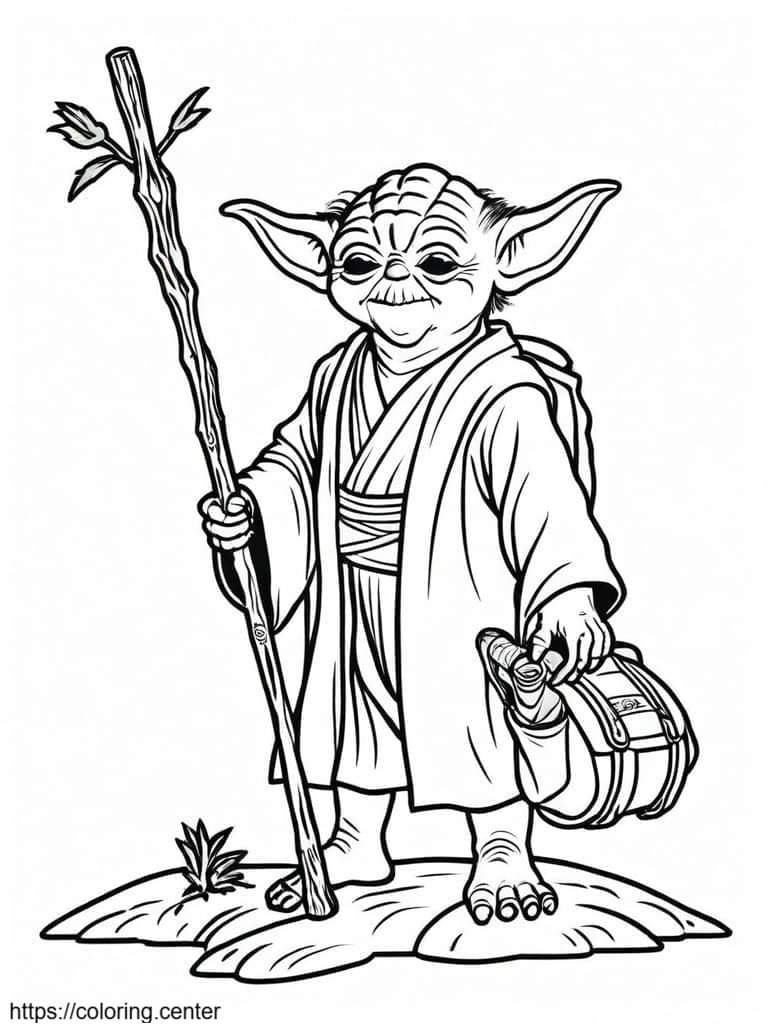 Free Yoda Trekking with Staff Coloring Page PDF